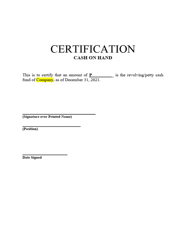 Petty Cash Certificate Template | PDF | Finance & Money Management