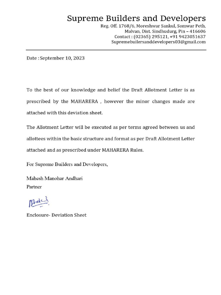 1 Deviation Report with respect to Allotment letter | PDF
