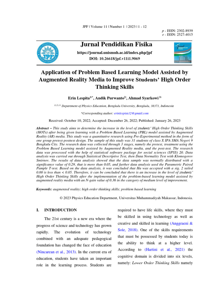 Application of Problem Based Learning Model Assisted by Augmented ...