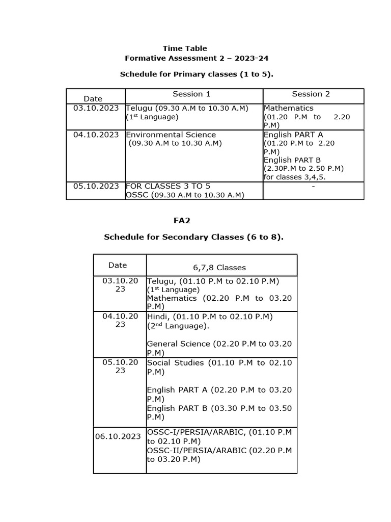 FA 2 Time Table (2023-24) | PDF | Teaching Methods & Materials