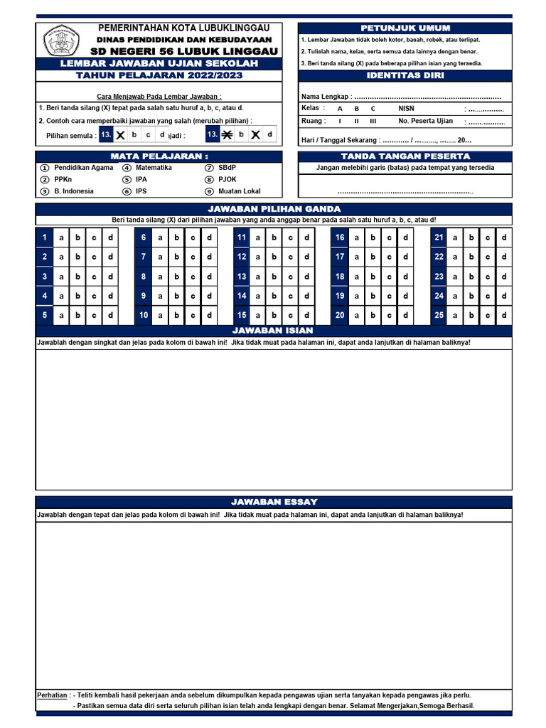 Lembar Jawaban Ujian Sekolah | PDF