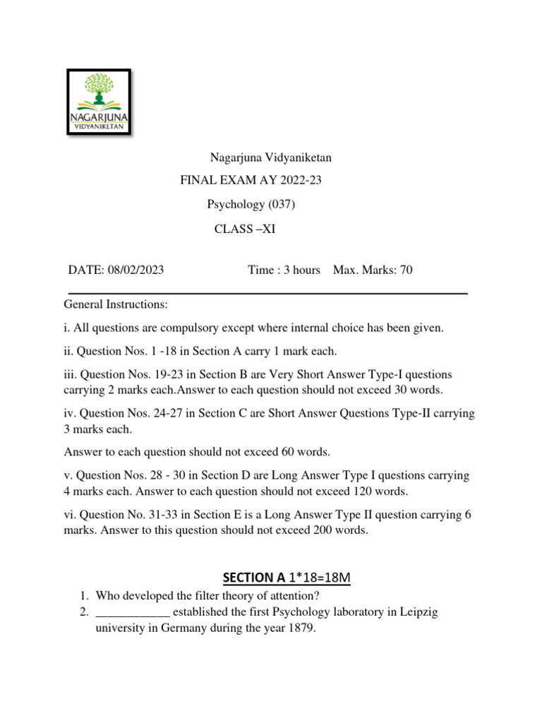 Final Exam Psychology G11 | PDF | Psychology | Attention