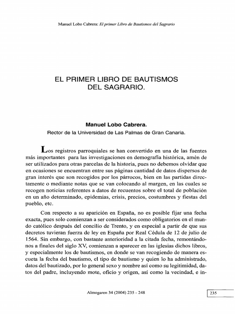 El Primer Libro de Bautismos Del Sagrario.: Manuel Lobo Cabrera | PDF