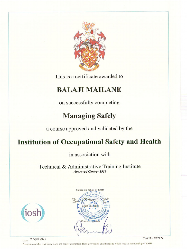 Iosh Certificate | PDF