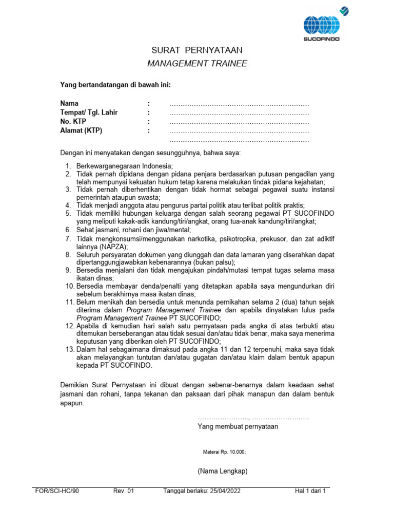 Surat Pernyataan MT PT Sucofindo 2023 | PDF