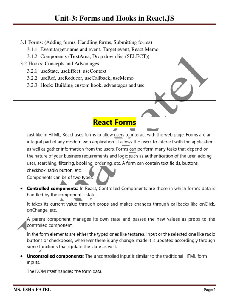 Unit-3 Forms and Hooks in React - JS | PDF
