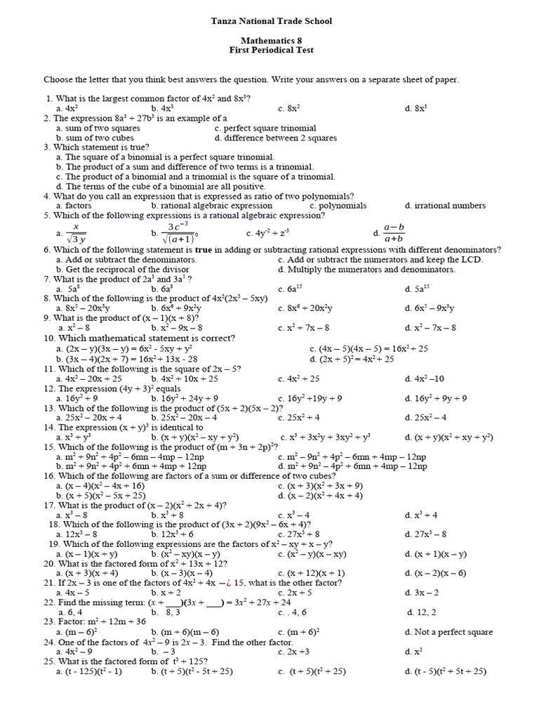 G8 Math 1ST PT 2016 17 | PDF