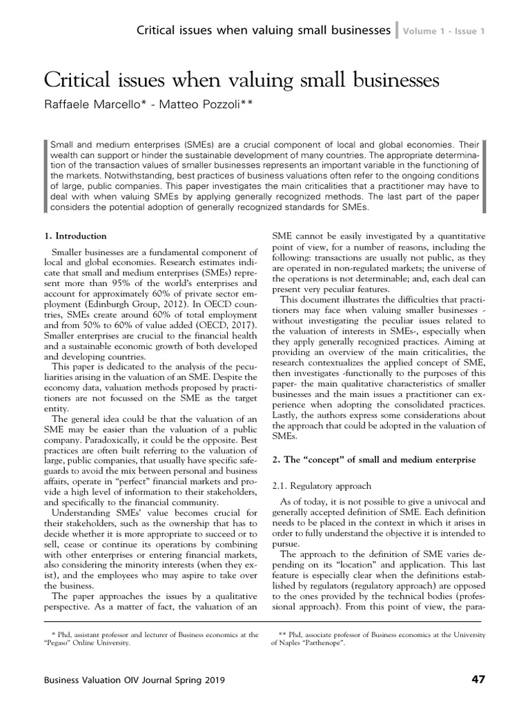 Critical Issue When Valuting Small Businesses | PDF | Valuation ...