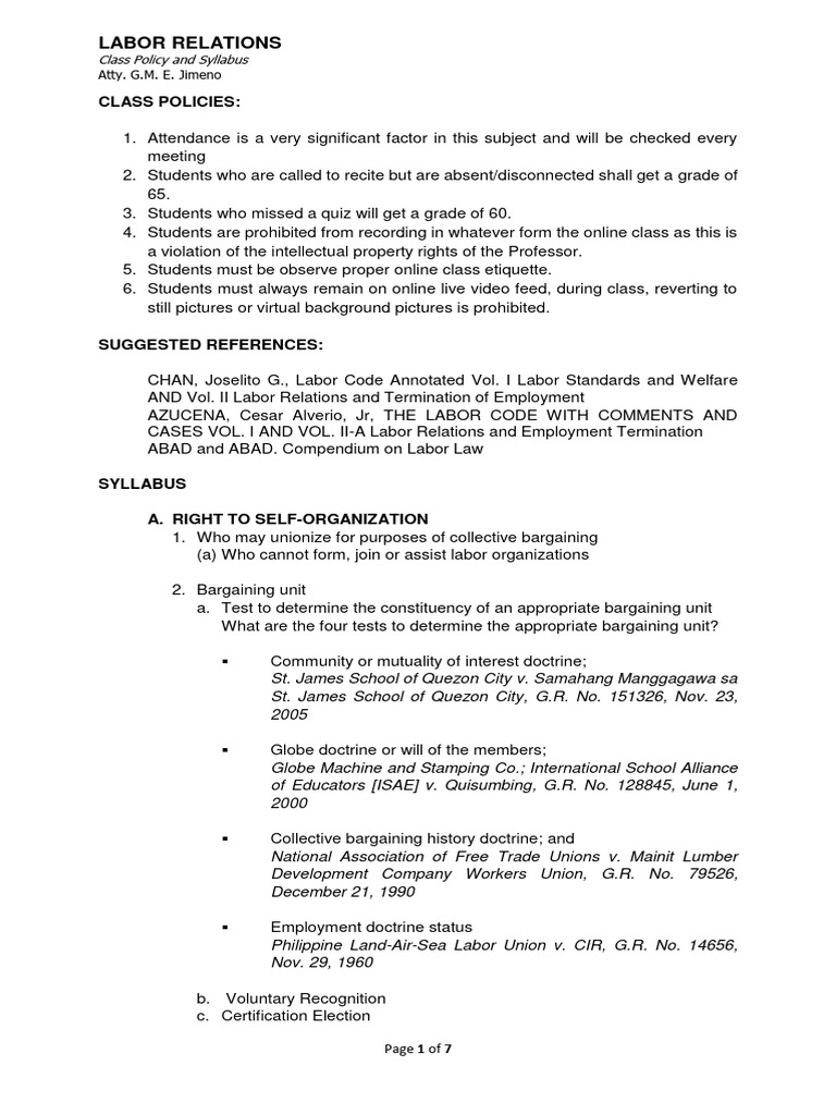 Labor Law Class Guidelines | PDF | Strike Action | Collective Bargaining