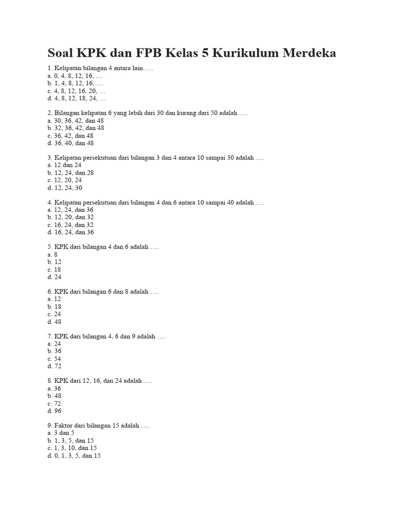 Soal KPK Dan FPB Kelas 5 Kurikulum Merdeka | PDF | Griya & Taman | Seni
