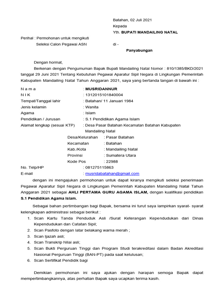 Surat Lamaran Cpns | PDF