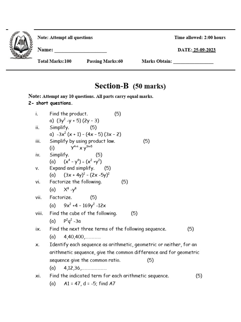Algebra and Sequence Exam Questions | PDF
