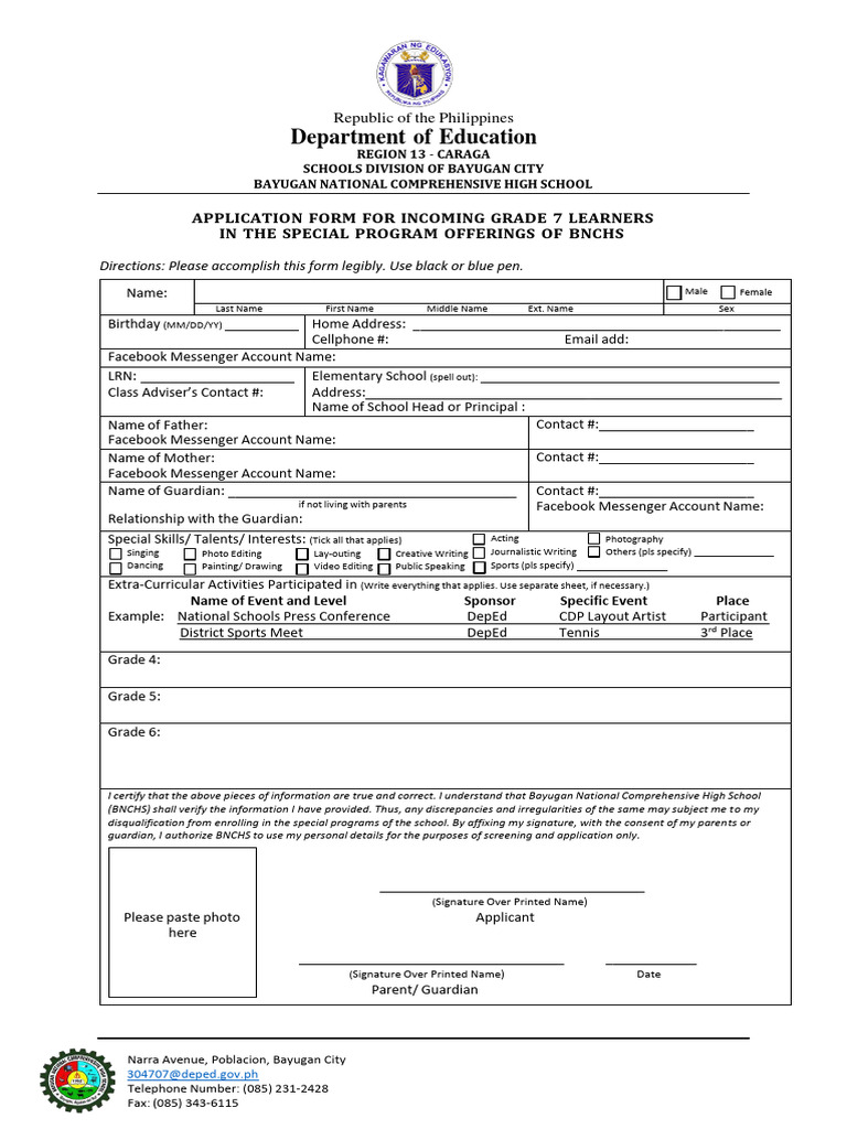 Application Form-Grade-7 Special Program | PDF