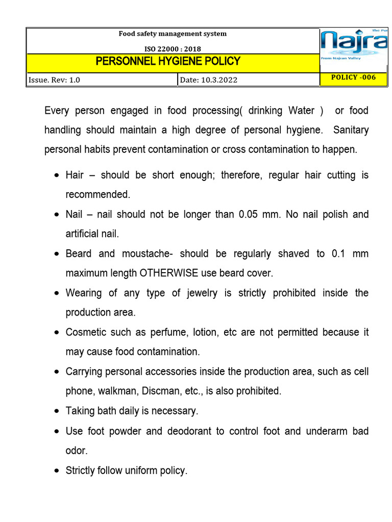 POL-006 Personnel Hygiene Policy | PDF | Hygiene | Food Safety