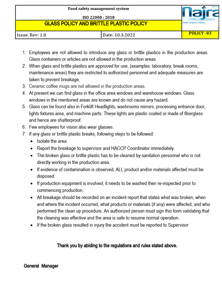 POL-003 Glass and Brittle Plastic Policy | PDF