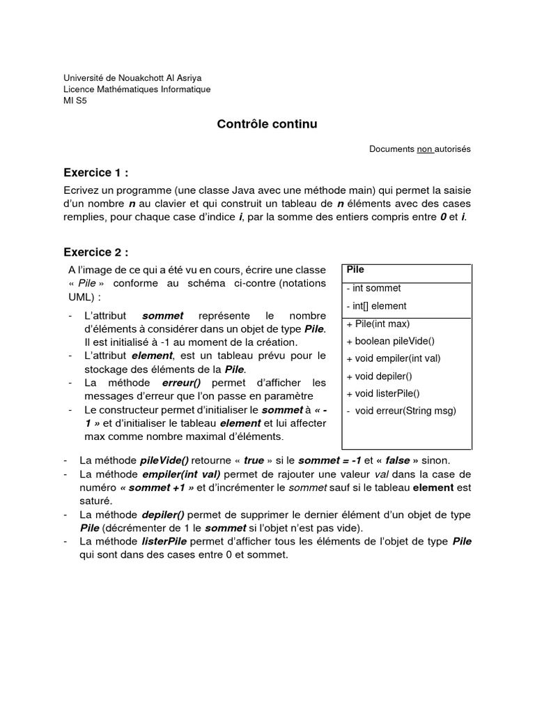 Exercices Java : Tableaux et Piles | PDF | Java (Langage de programmation) | Informatique