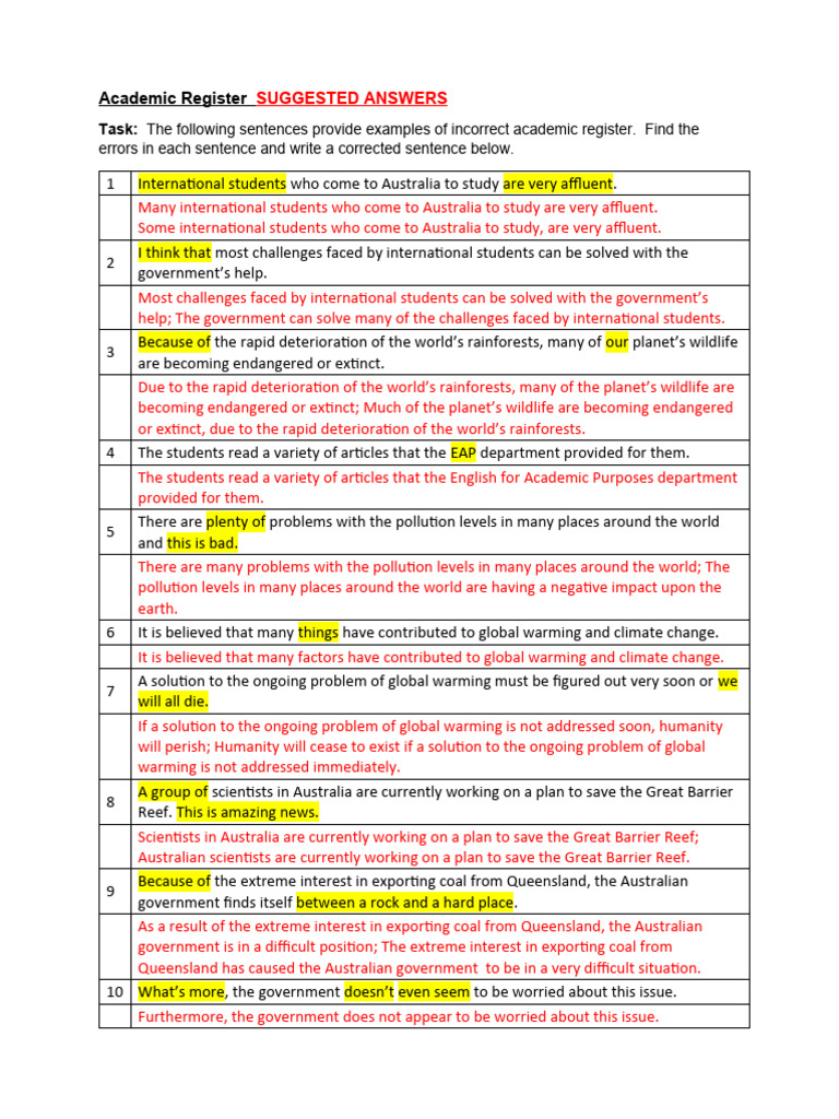 Academic Register Activity ANSWER SHEET | PDF | Australia | Climate Change