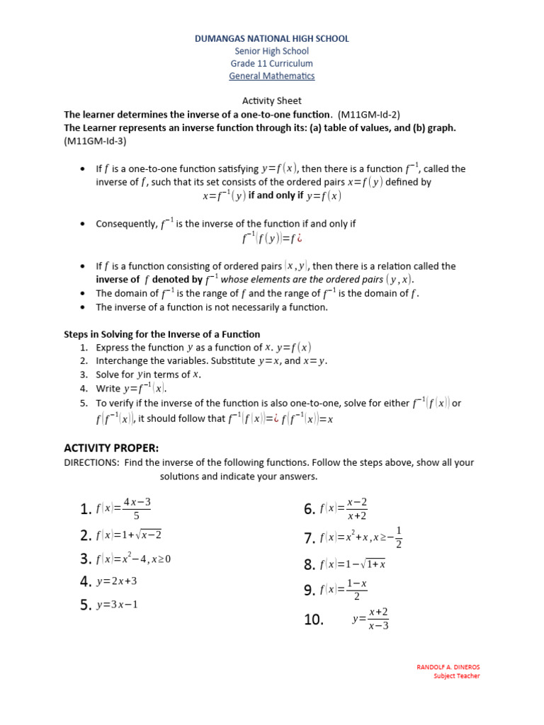 Activity Sheet-Inverse of A One-to-One Function - 1 | Download Free PDF | Function (Mathematics ...