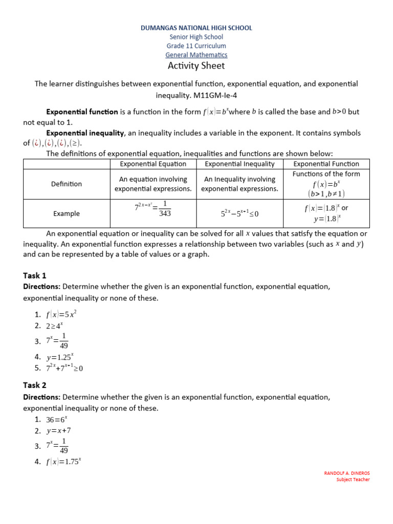 Activity Sheet-Distinguishes Between Exponential Function, Exponential ... Activity Sheet-Distinguishes Between Exponential Function, Exponential ...