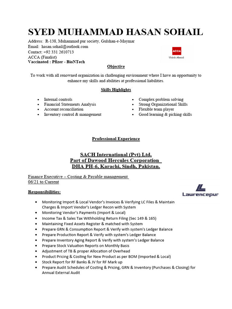 Hasan Sohail Resume | PDF | Accounts Payable | Revenue