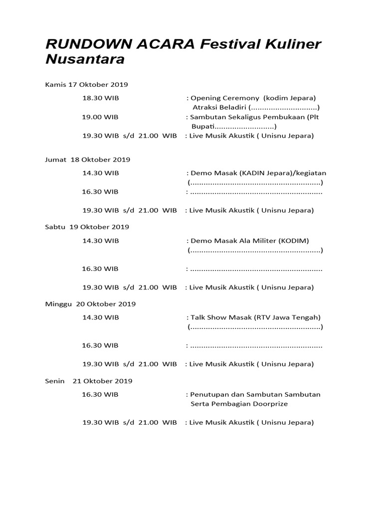 RUNDOWN ACARA Festival Kuliner Nusantara | PDF
