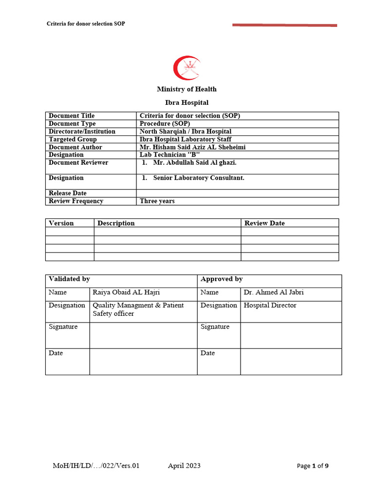 SOP 01 Criteria For Donor Selection | PDF | Blood Donation | Blood ...