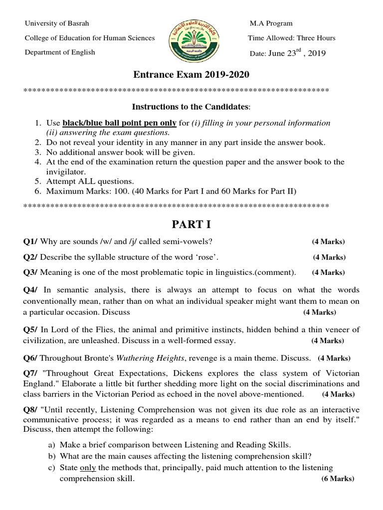 Entrance Exam 2019-2020: (Ii) Answering The Exam Questions | PDF ...