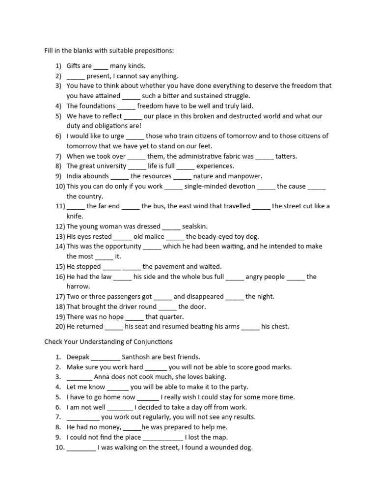 Preposition and Conjunction Exercises | PDF