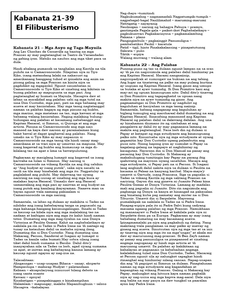 El Filibusterismo Buod NG Bawat Kabanata 1 39 With Talasalitaan | PDF