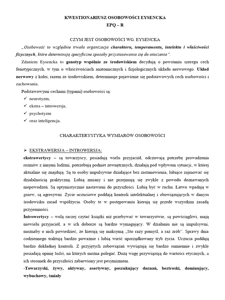 03 - Kwestionariusz Osobowości Eysencka Epq - R | PDF