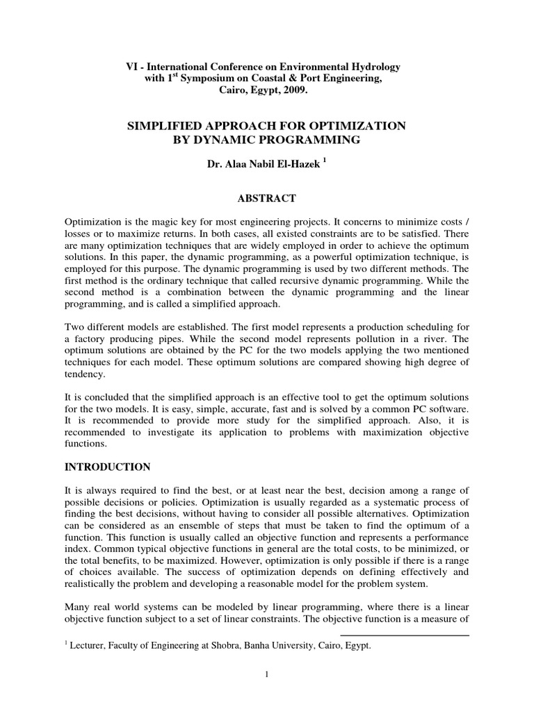Alaa 2009 A - Simplified Approach For Optimization by Dynamic Programming | PDF | Mathematical ...