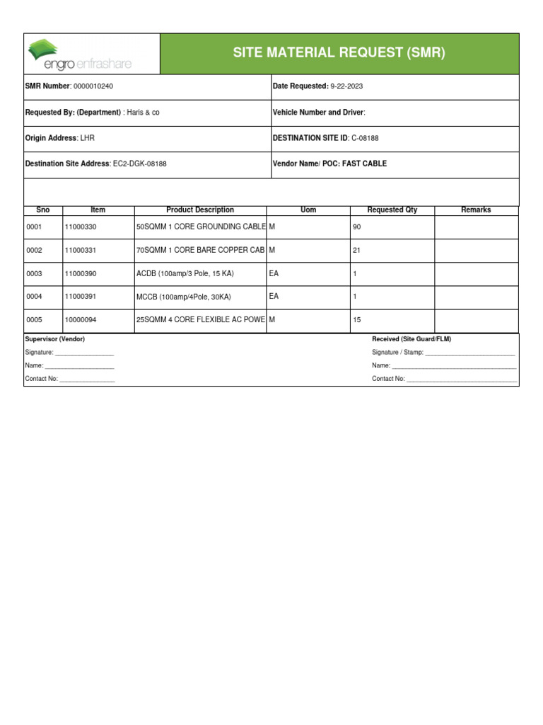 Site Material Request (SMR) : 0001 11000330 50Sqmm 1 Core Grounding ...