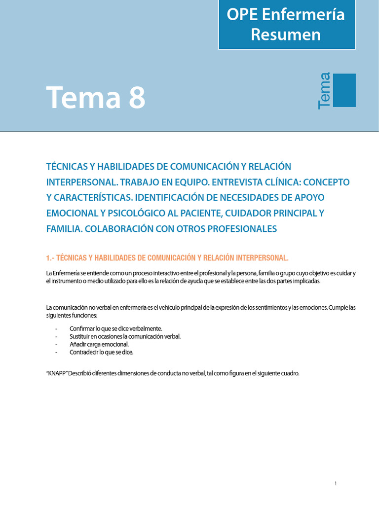 Resumen T8 | PDF | Enfermería | Comunicación no verbal