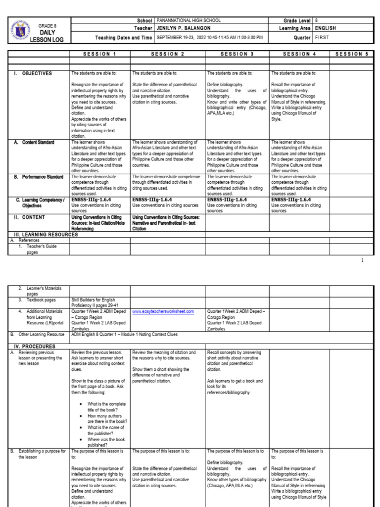 Grade 8 English Citation Lesson Plan | PDF