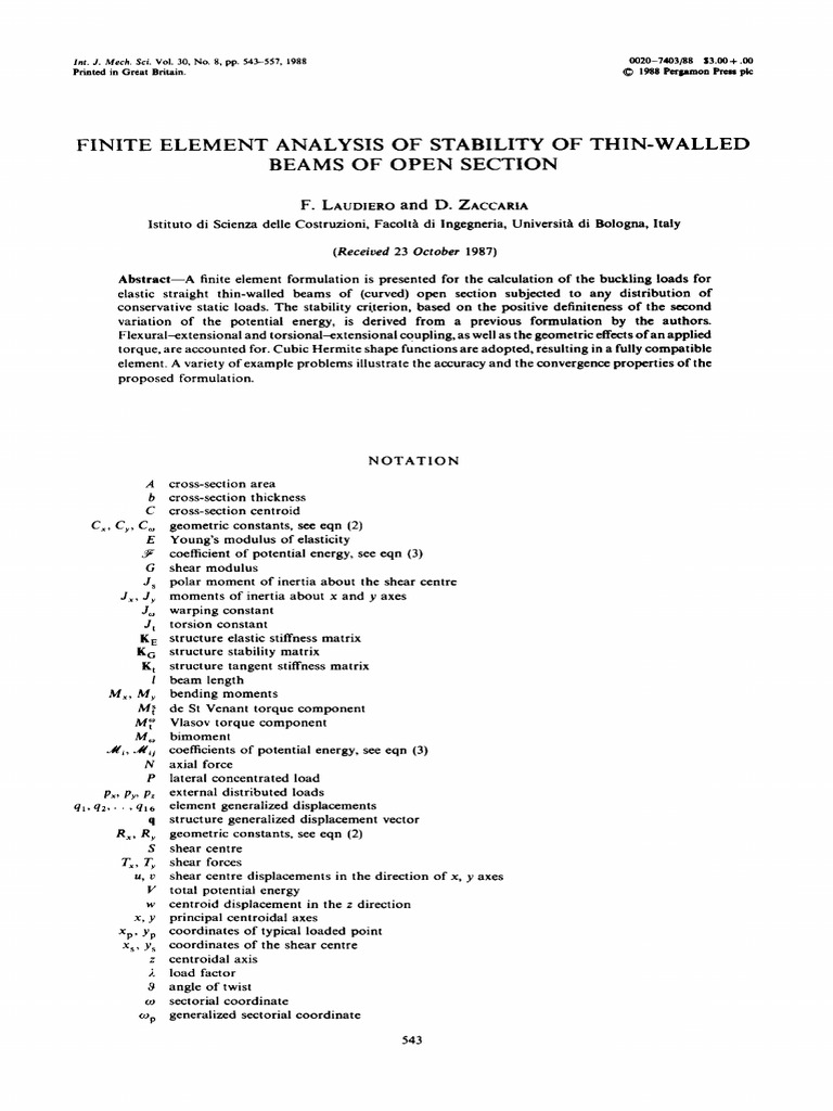 1988 Finite Element Analysis of Stability of Thin-Walled Beams of Open Section | PDF | Buckling ...