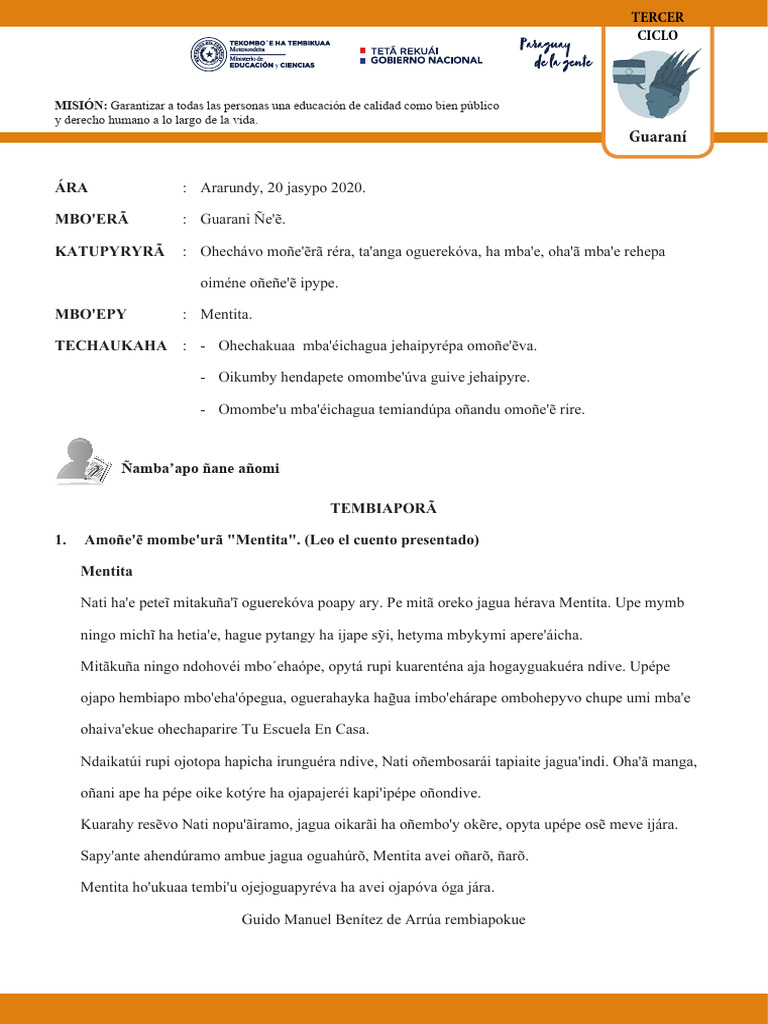 Cuento "Mentita" en Guaraní para Tercer Grado | PDF | Ciencias sociales