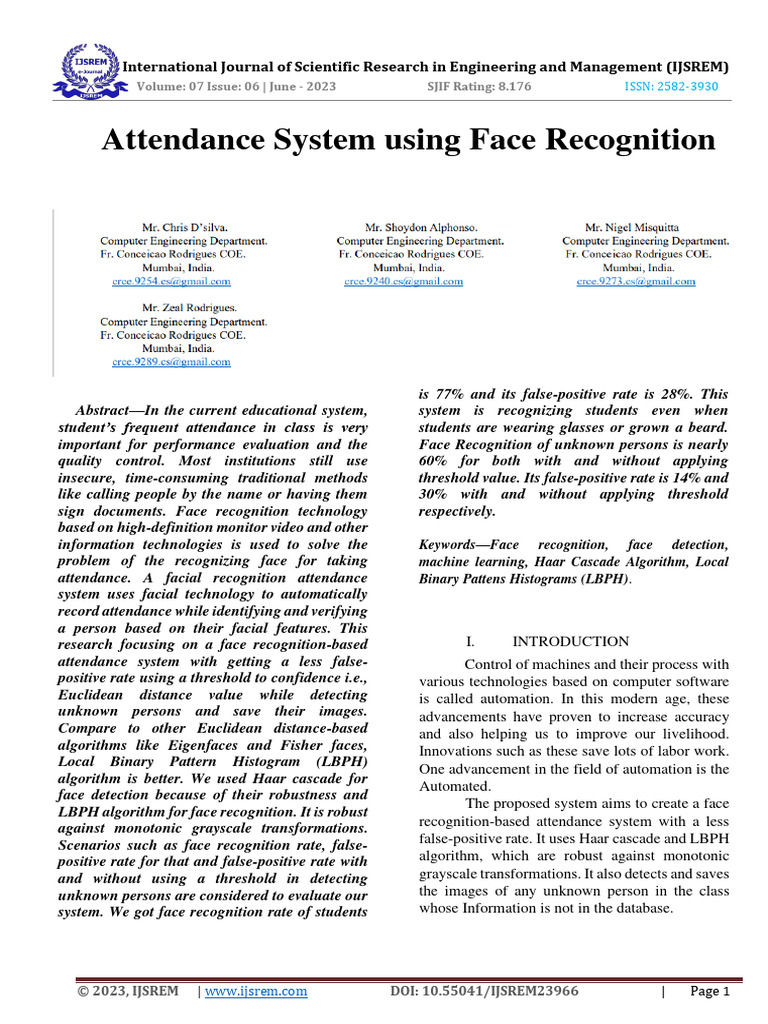 Attendance System Using Face Recognition | PDF | Applied Mathematics | Cybernetics