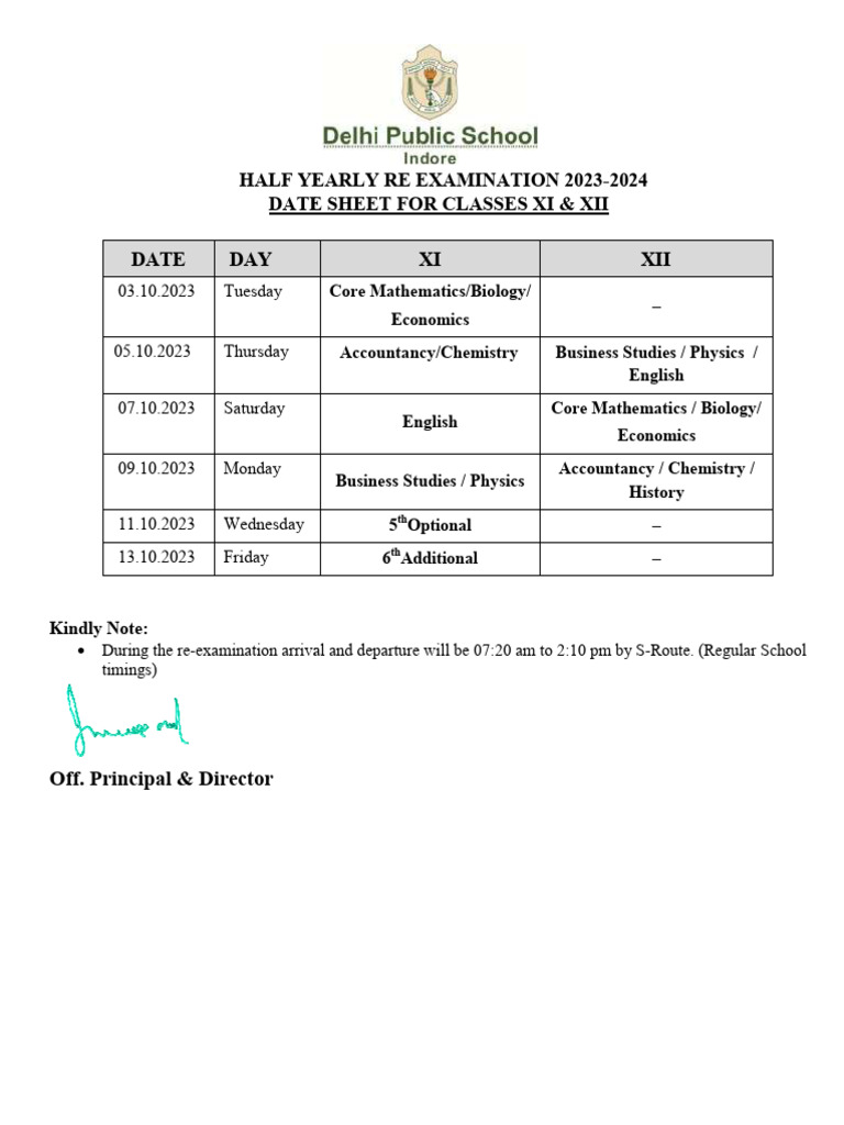 Class XI & XII Date Sheet Half Yearly Re Exam 2023-24 PDF | PDF