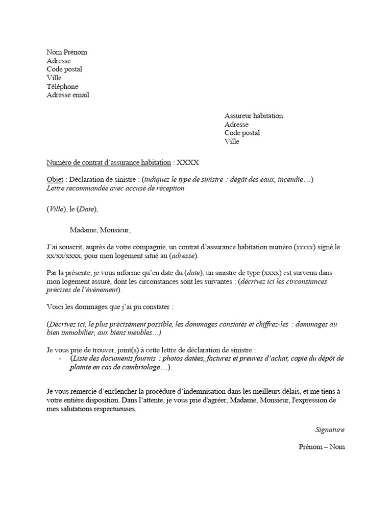 Modele Lettre Declaration Sinistre Habitation | PDF Modele Lettre Declaration Sinistre Habitation | PDF