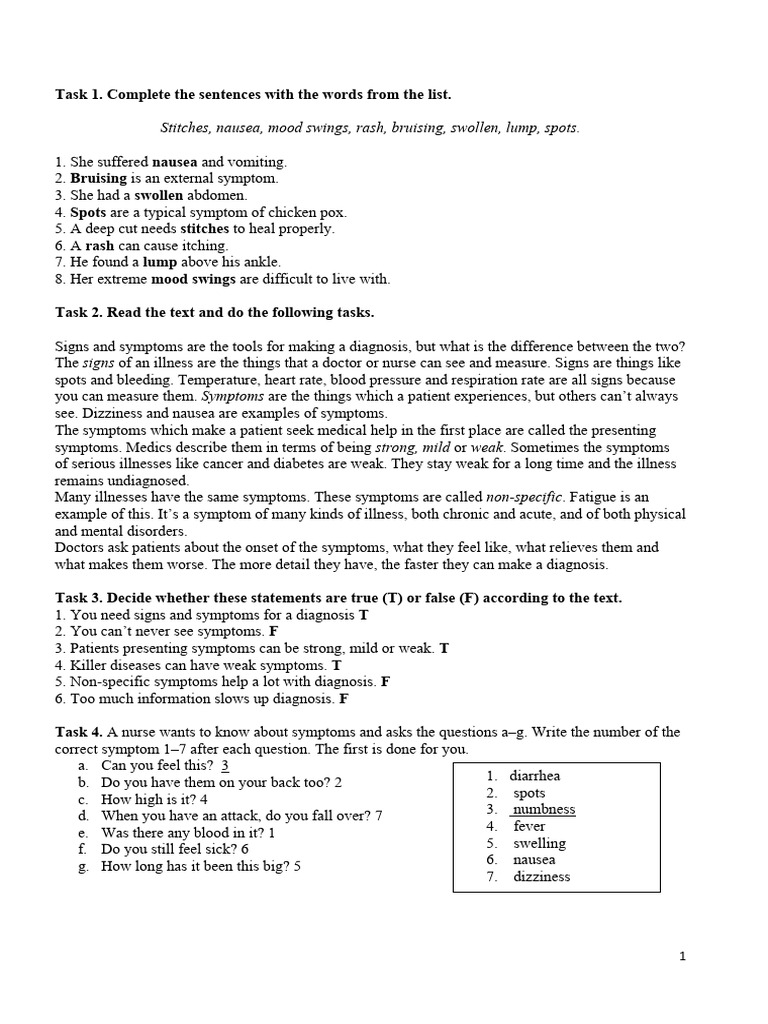 Symptoms and Types of Pain Activities (Answers) | PDF | Self-Improvement