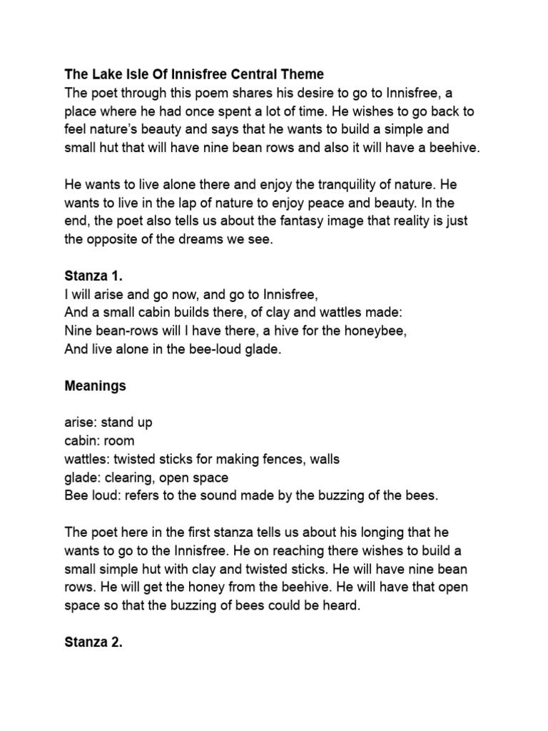 The Lake Isle Of Innisfree | PDF | Beehive | Poetry