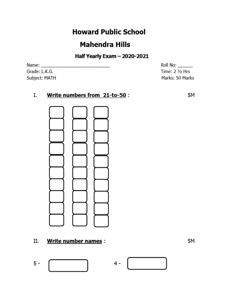 LKG (Math) Half Yearly Exam 2020-21 | PDF