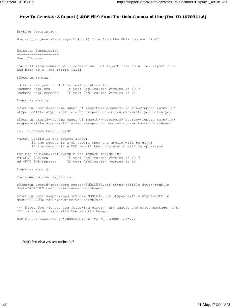 How To Generate A Report (.RDF File) From The Unix Command Line (Doc ID 1070541.6) | PDF ...