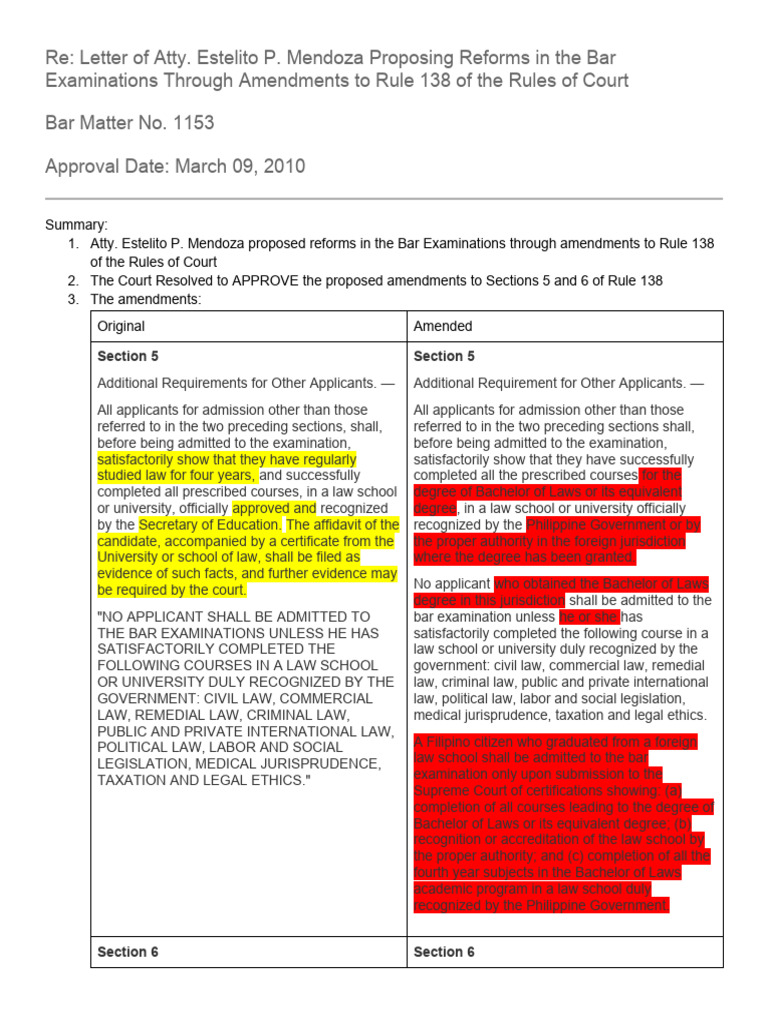 BM No 1153 Re - Letter of Atty. Estelito P. Mendoza Proposing Reforms in The Bar Examinations ...