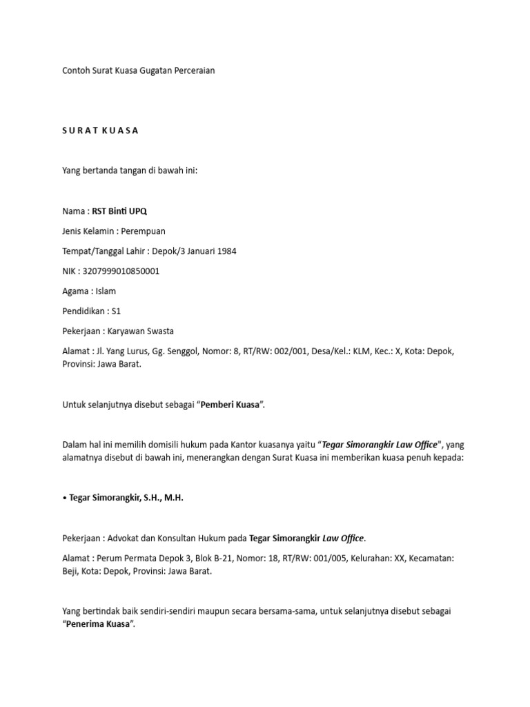 Contoh Surat Kuasa Gugatan Perceraian | PDF