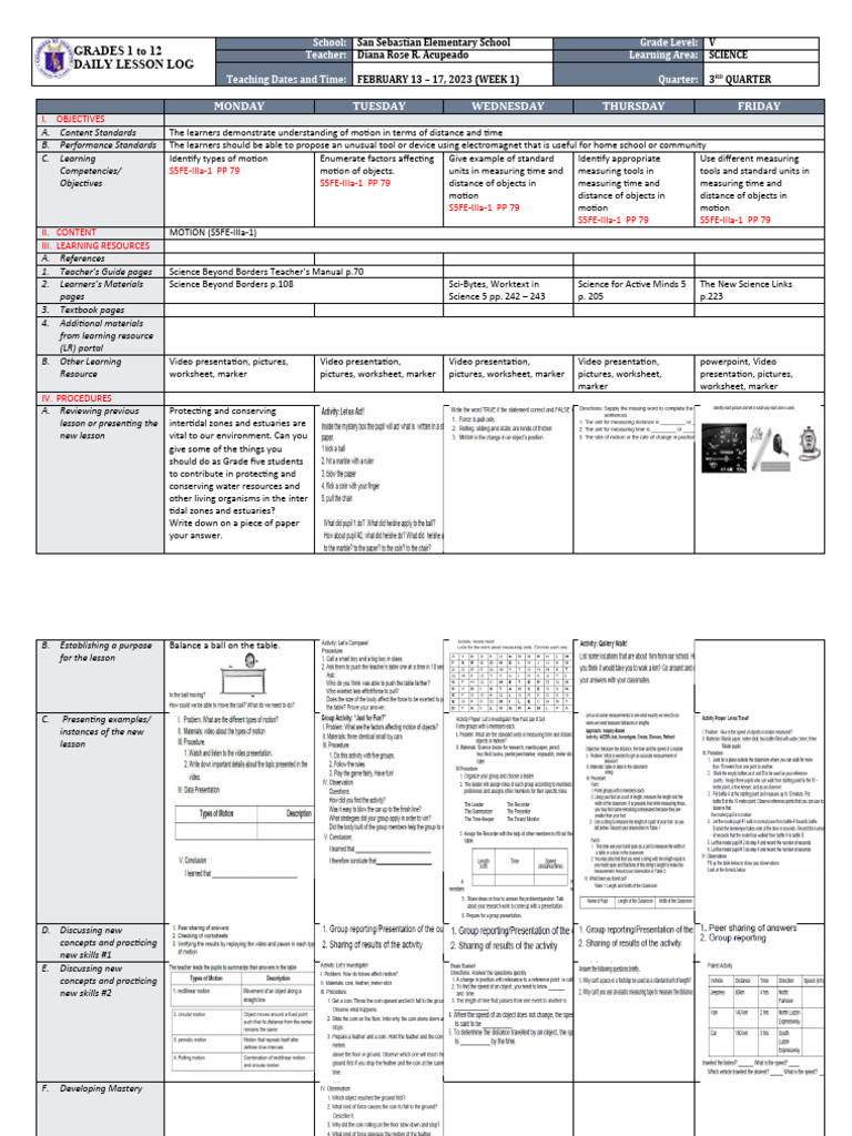 DLL - Science 5 - Q3 - W1 | PDF