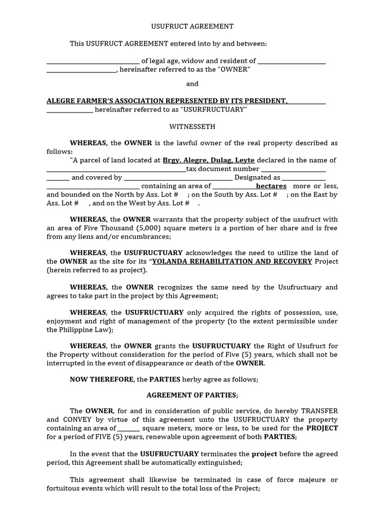 USUFRUCT AGREEMENT alegre corn mill | PDF