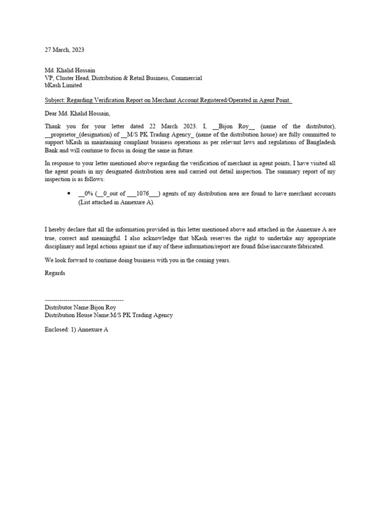 Distributor Response Letter | PDF