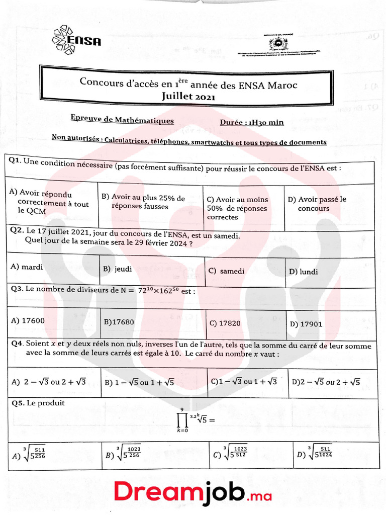 Exemple Concours ENSA Mathematiques 2021 | PDF