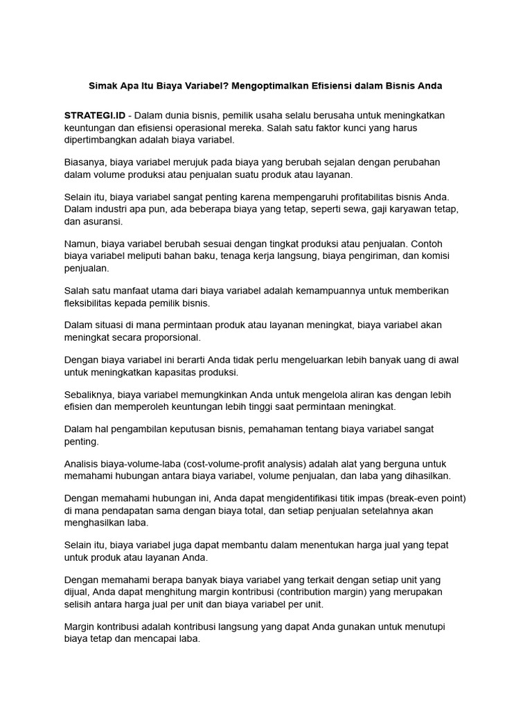 Simak Apa Itu Biaya Variabel | PDF